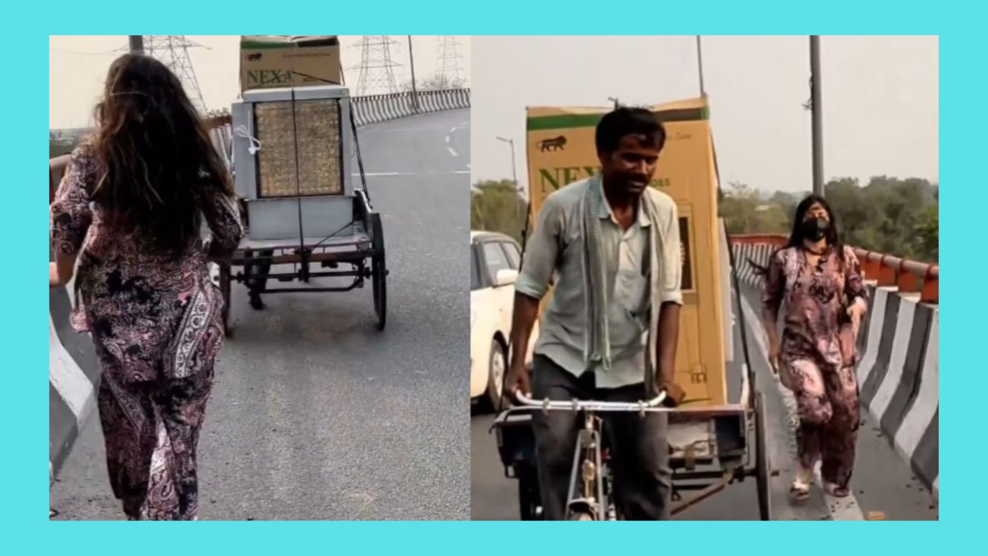 Good work!! Girl gives cart puller lunch, water bottle and a gamcha ...
